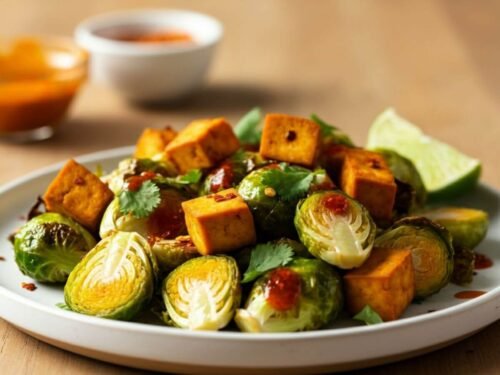 Roasted Brussels Sprouts and Tofu with Chile Lime Dressing